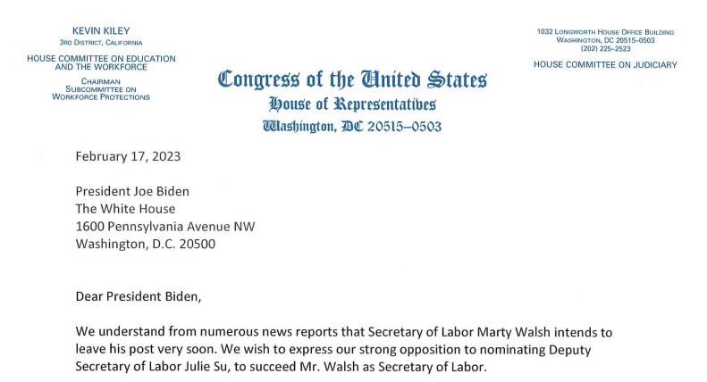 Rep. Kiley Leads CA Delegation on Key Letter